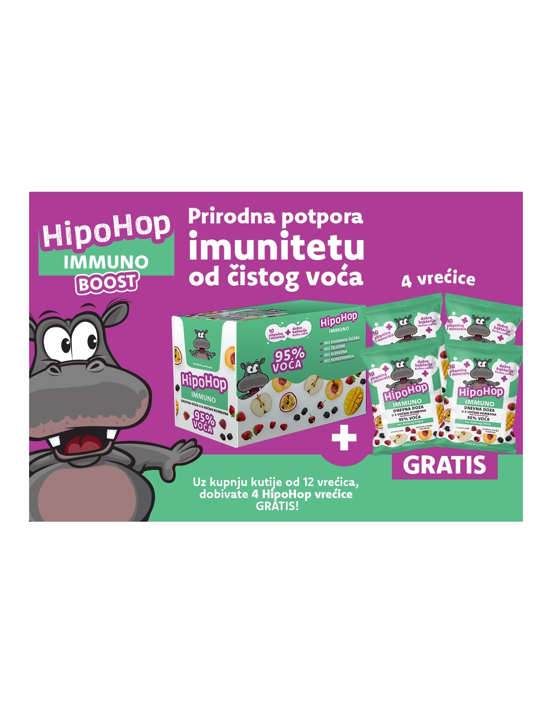 HipoHop Immuno voćni bomboni, dodatak prehrani 12 + 4 vrećice na POKLON